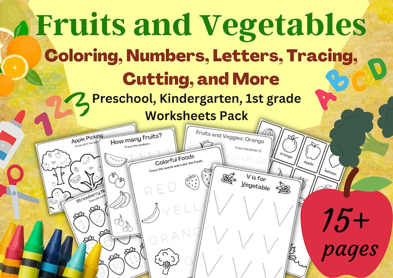 Fruit and Vegetable Worksheets Pack for Preschool, Kindergarten, 1st ...