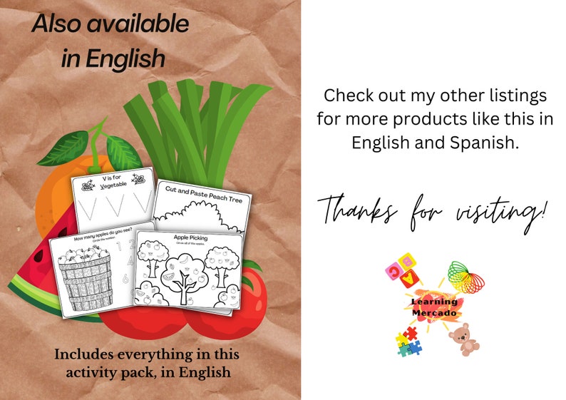 Spanish Worksheets for Kids, Fruits and Vegetables Numbers, Letters ...