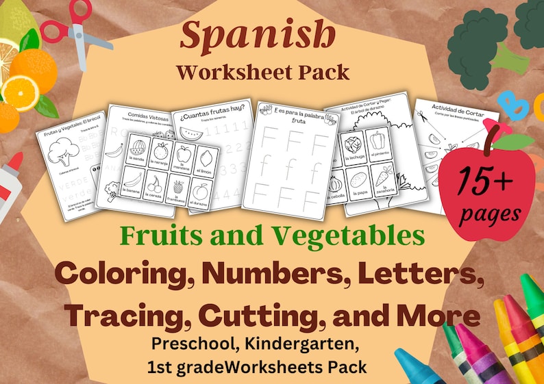 Spanish Worksheets for Kids, Fruits and Vegetables - Numbers, Letters ...