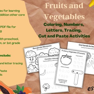 Spanish Worksheets for Kids, Fruits and Vegetables Numbers, Letters ...