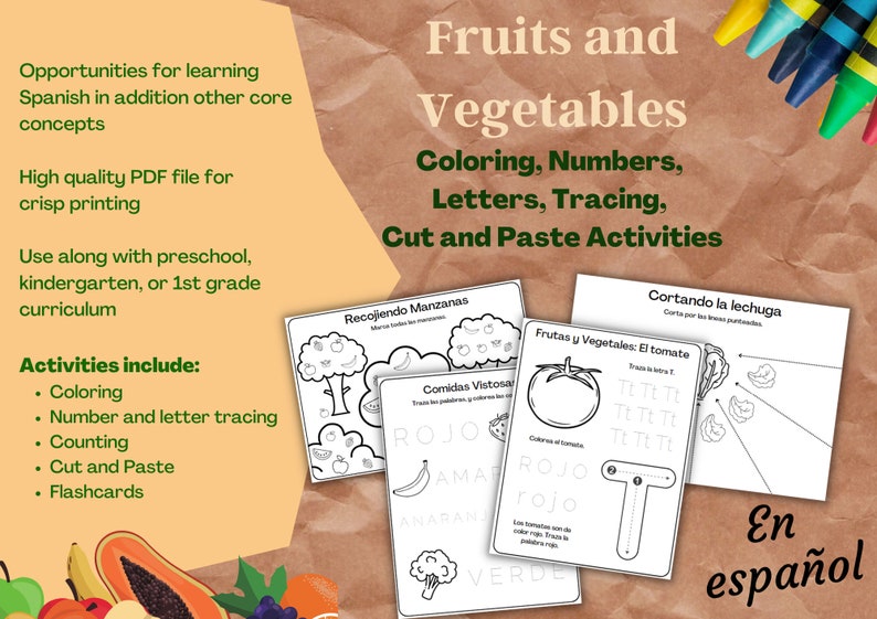Spanish Worksheets for Kids, Fruits and Vegetables Numbers, Letters ...