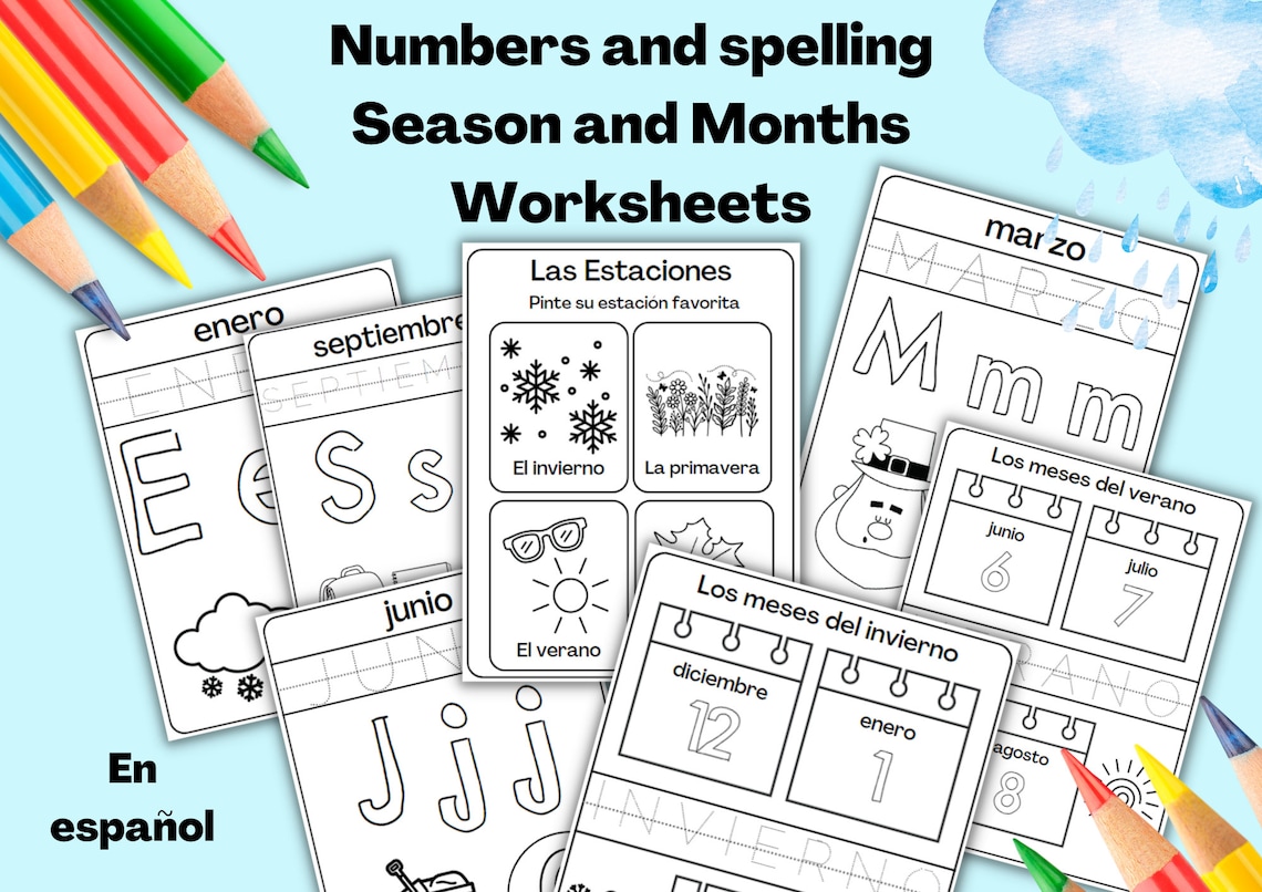 Spanish Worksheets, Months, Seasons Activity Pack for Kids - Numbers ...