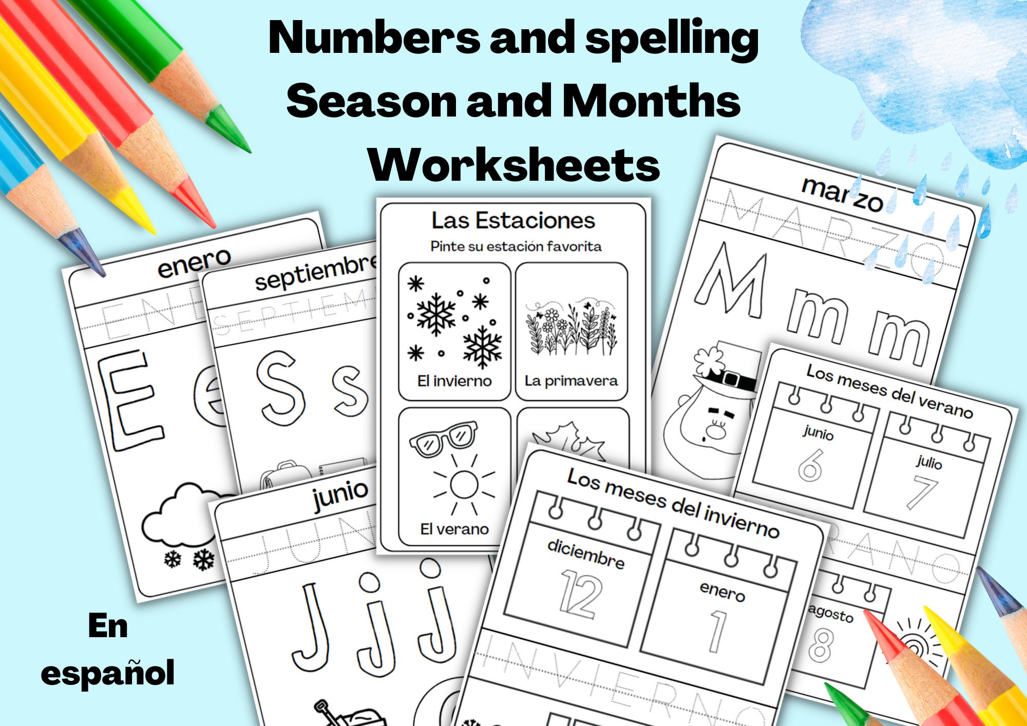 Spanish Worksheets, Months, Seasons Activity Pack for Kids - Numbers ...