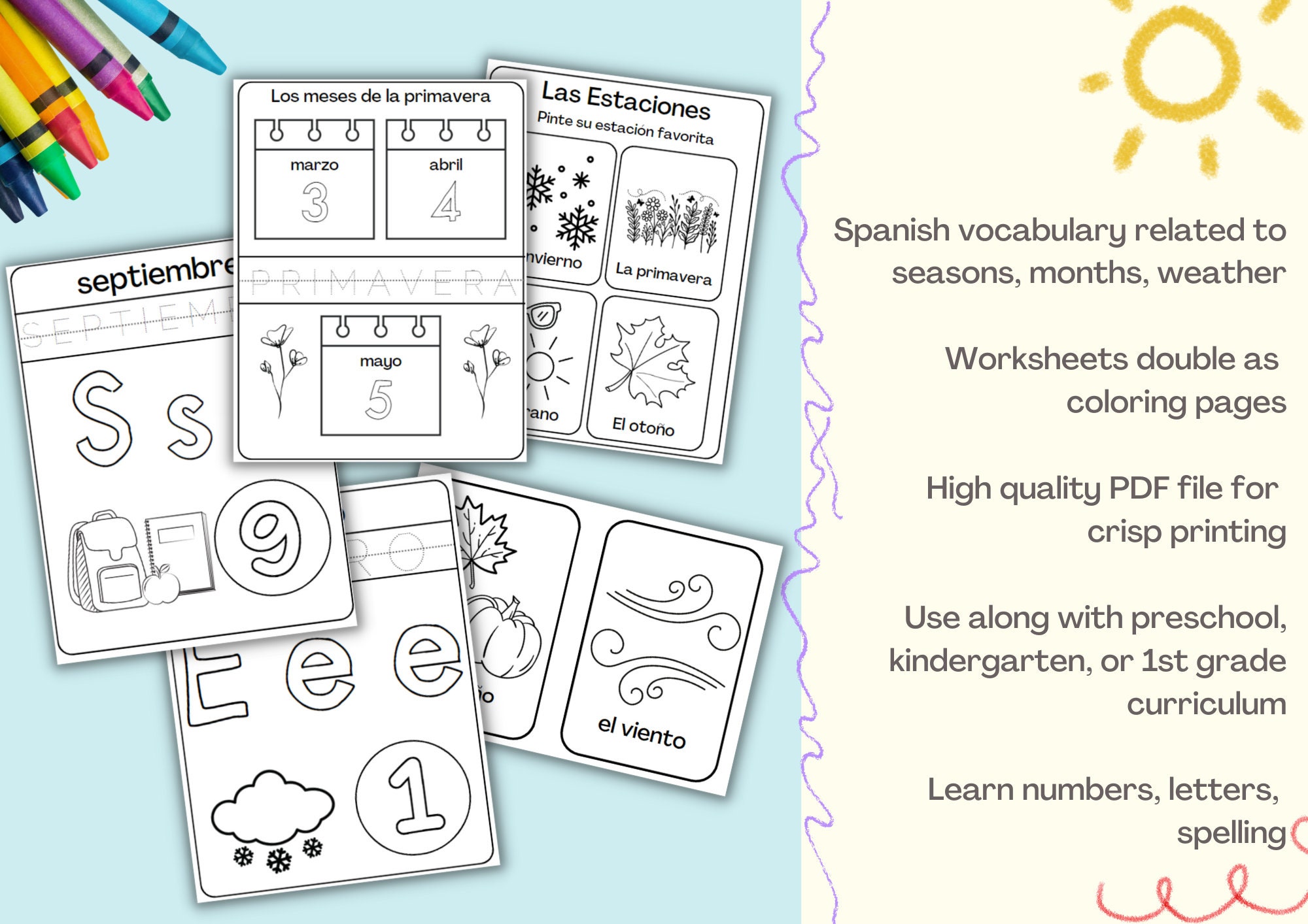 Spanish Worksheets, Months, Seasons Activity Pack for Kids - Numbers ...