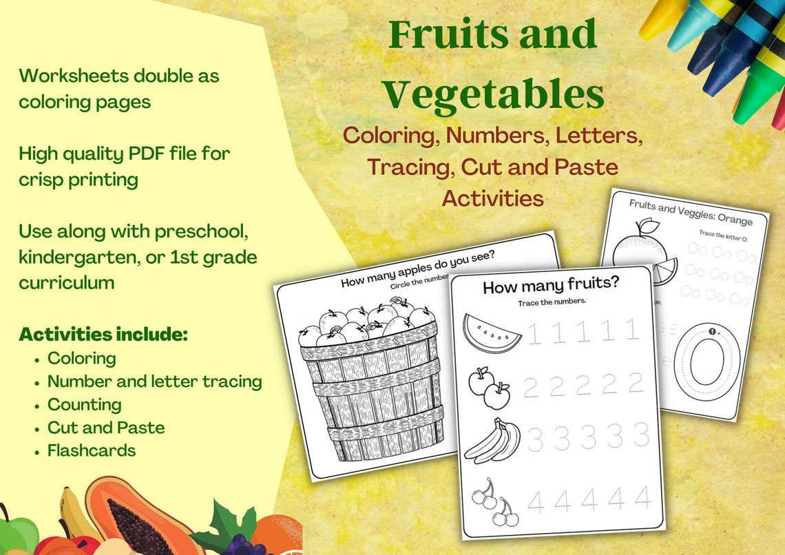 Fruit and Vegetable Worksheets Pack for Preschool, Kindergarten, 1st ...