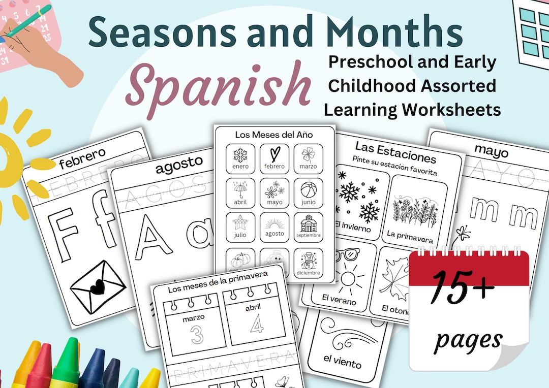 Spanish Worksheets, Months, Seasons Activity Pack for Kids - Numbers ...