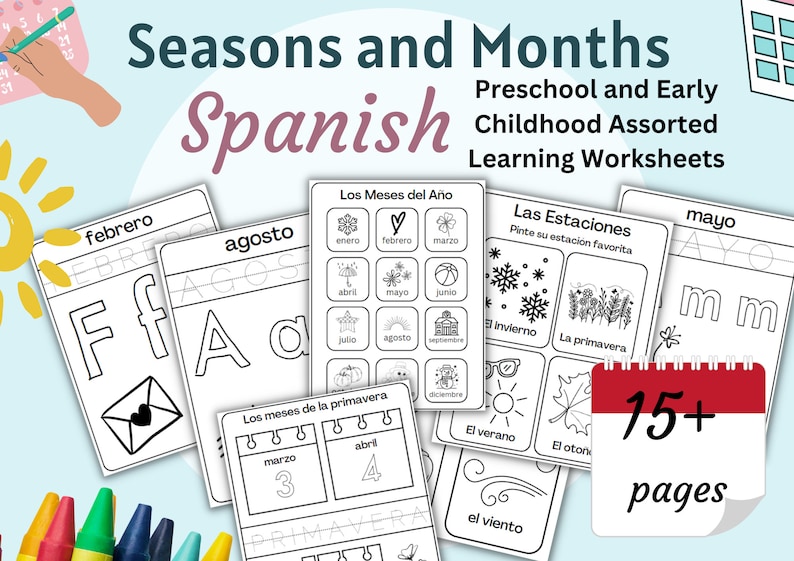 Spanish Worksheets, Months, Seasons Activity Pack for Kids - Numbers ...