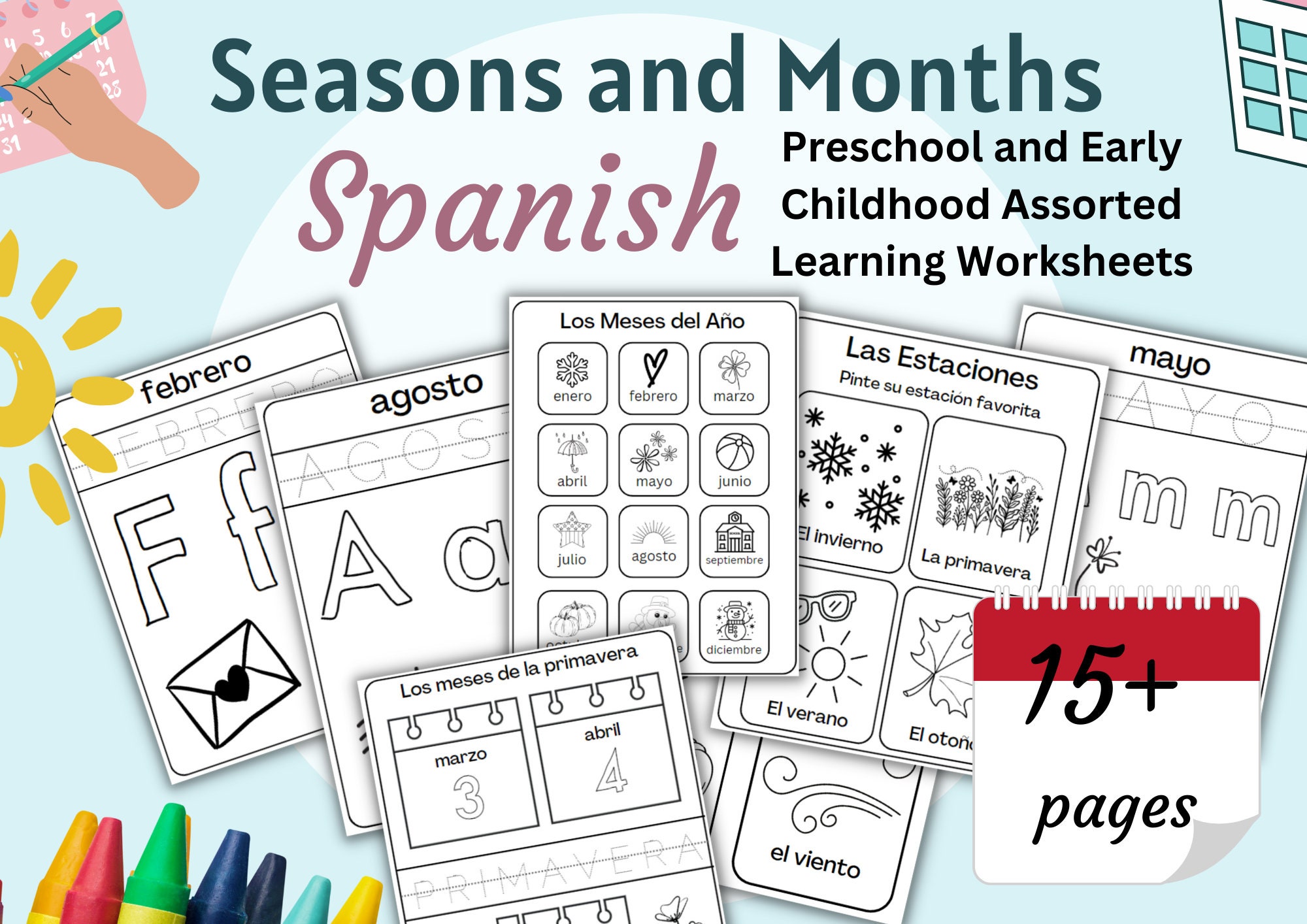 Spanish Worksheets, Months, Seasons Activity Pack for Kids - Numbers ...
