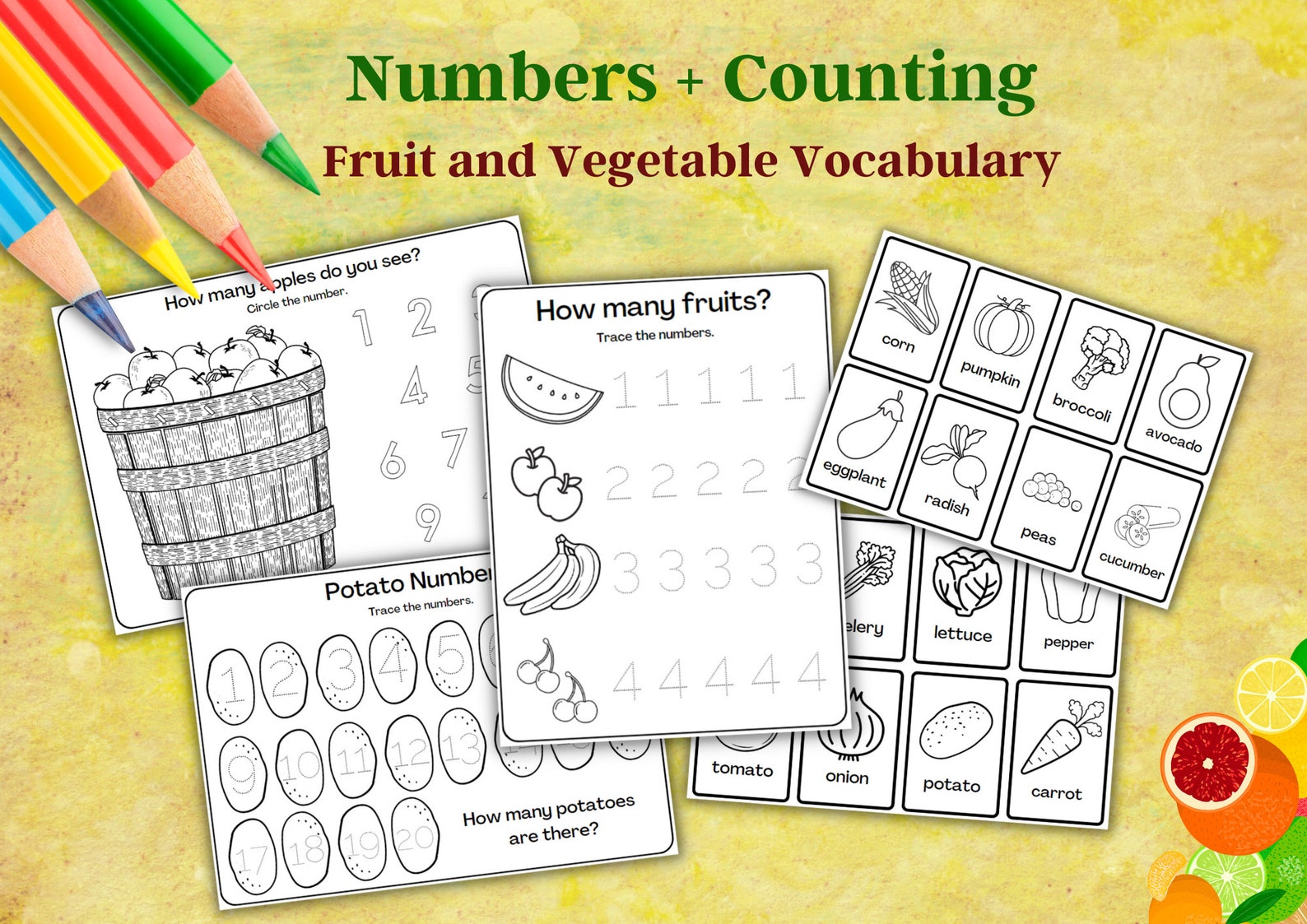 Fruit and Vegetable Worksheets Pack for Preschool, Kindergarten, 1st ...