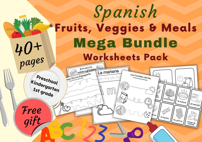 Spanish Food Worksheets for Kids | Fruits, Veggies, Meals | Handwriting ...