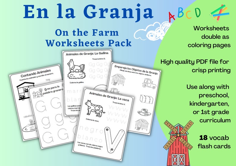 Spanish Worksheets, on the Farm Activity Pack for Kids - Numbers ...