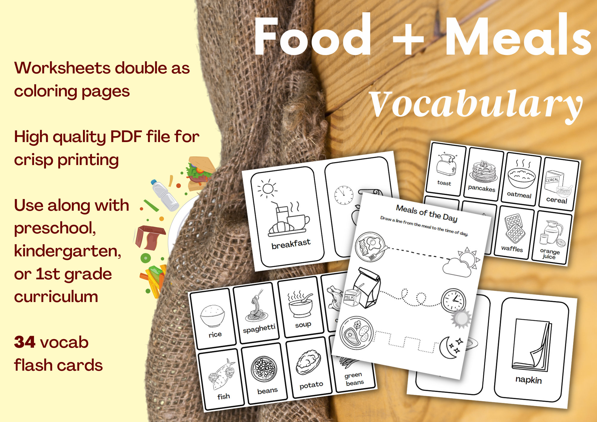 Food Worksheets for Kids, Foods and Meals Numbers, Letters, Spelling ...