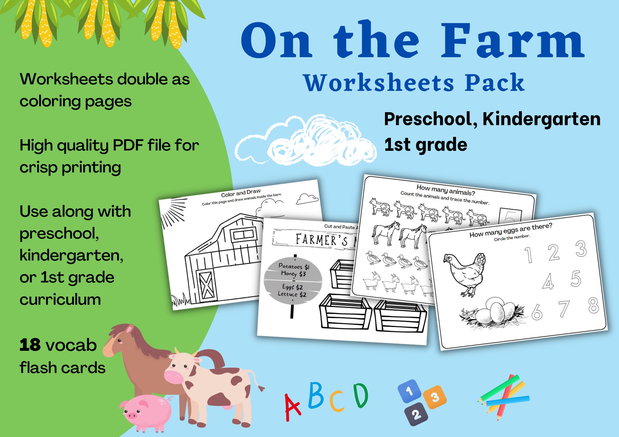 Preschool Worksheets, on the Farm Activity Pack for Kids - Numbers ...