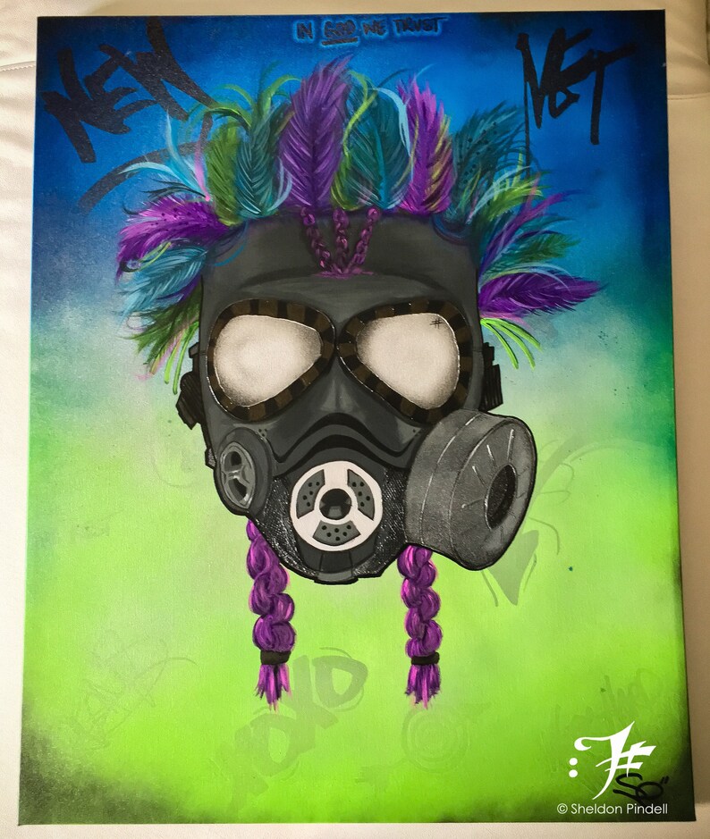 Gas Mask Acrylic Painting - Gas Mask Street Art, Colorful Feather Art ...