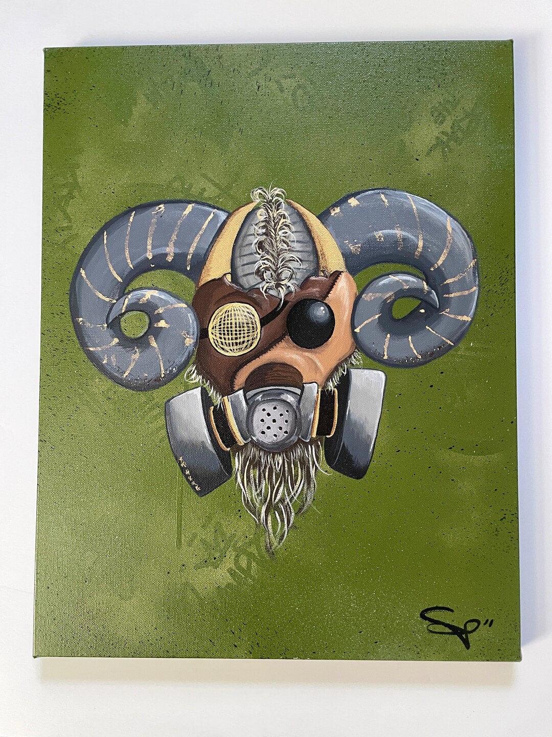 Goat Gas Mask Acrylic Painting, Gas Mask Street Art, Bold Creative Art ...