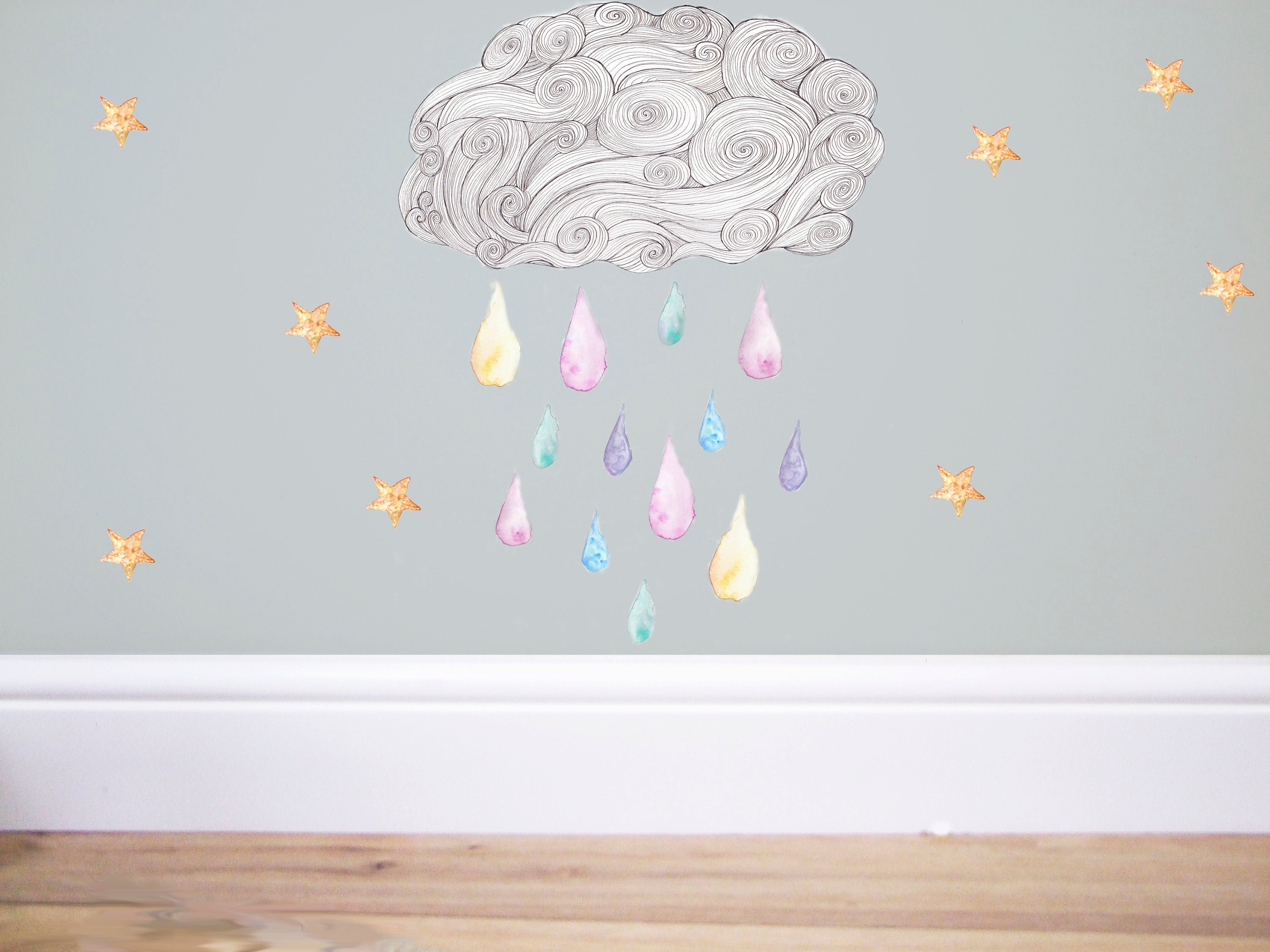Cloud Wall Decalcloud Raindrops Rainbowpastelnursery Wall - Etsy