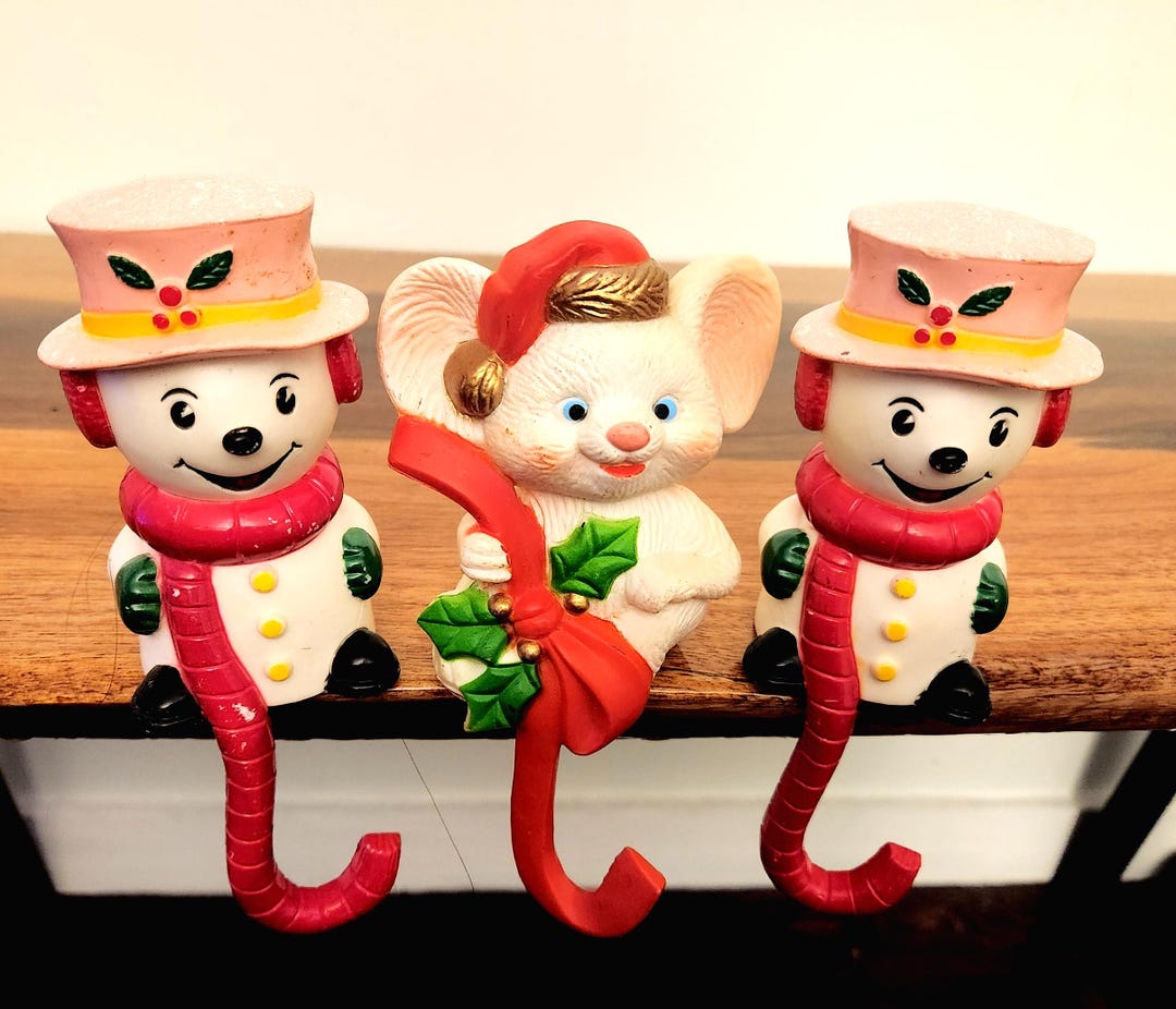 Vintage 1982 Celluloid Christmas Stocking Hangers: Snowmen & Mouse, Set ...
