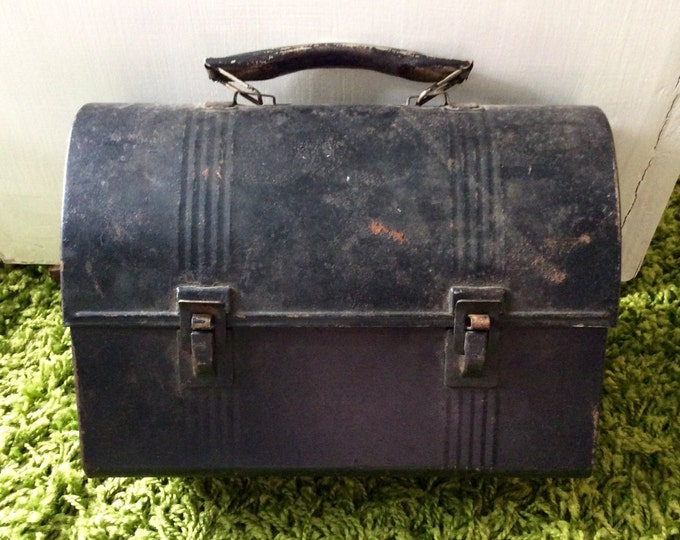 Vintage Metal Lunch Box and Thermos, Black Metal Lunch Box, Antique ...
