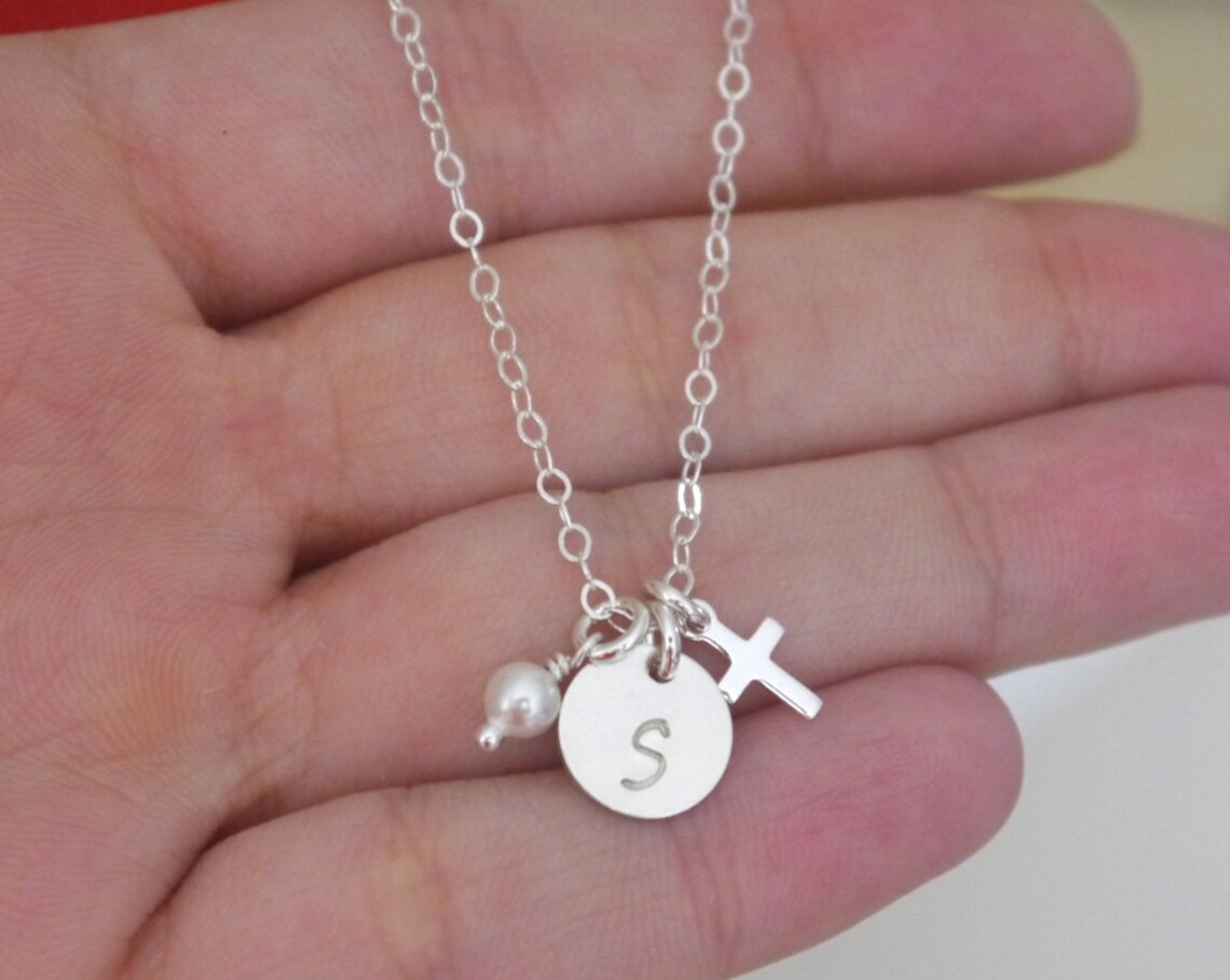 Cross Initial Necklace First Communion Necklace Dainty Cross | Etsy
