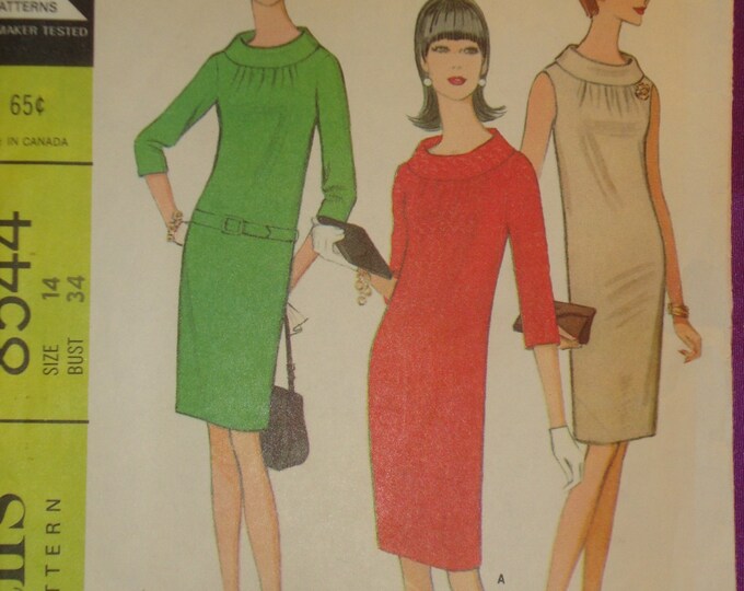 60s Easy Slim Fit Skimmer Dress Gathered at Front Roll Collar Three ...