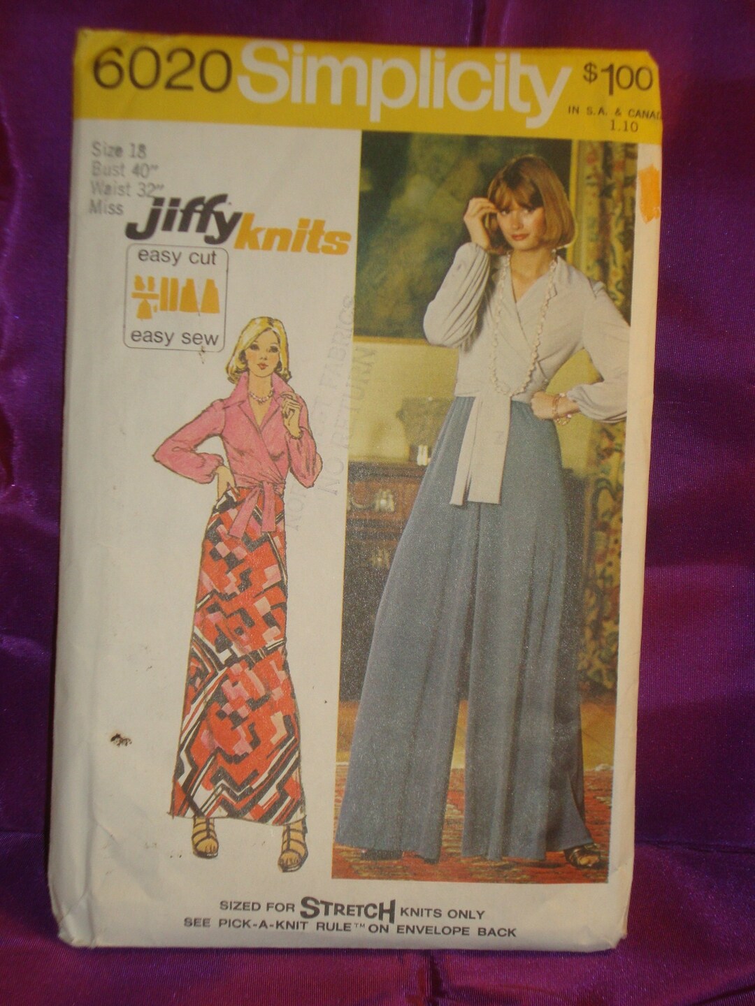 70s Easy Stretch Knit Separates Wrap Blouse Long Slvs Wide Leg Palazzo ...