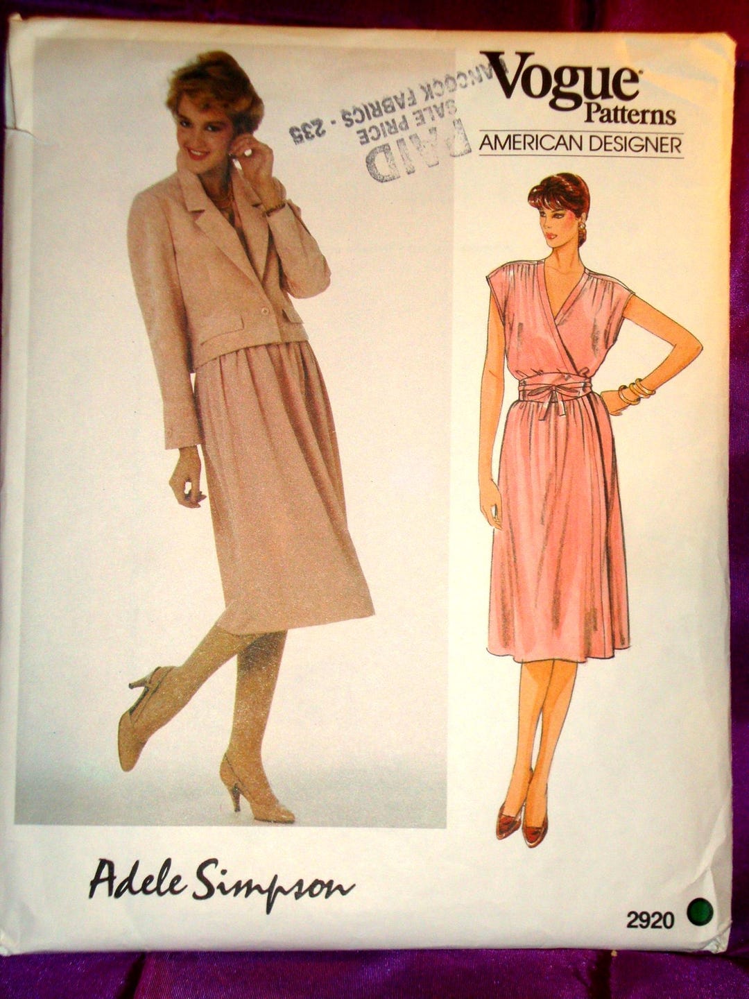 80s ADELE SIMPSON Bust 32.5 Front Wrap Dress V Neck Gathered Skirt Cap ...