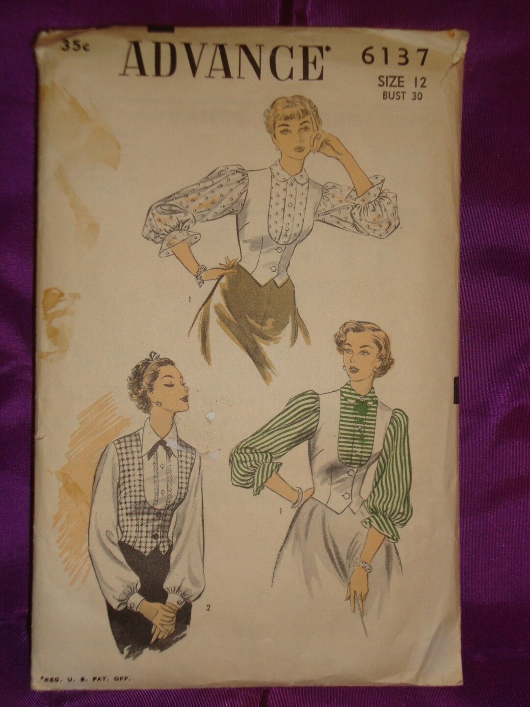 50s Fitted Front Button Blouse Contrast Weskit Shaped Front Hem 2 ...