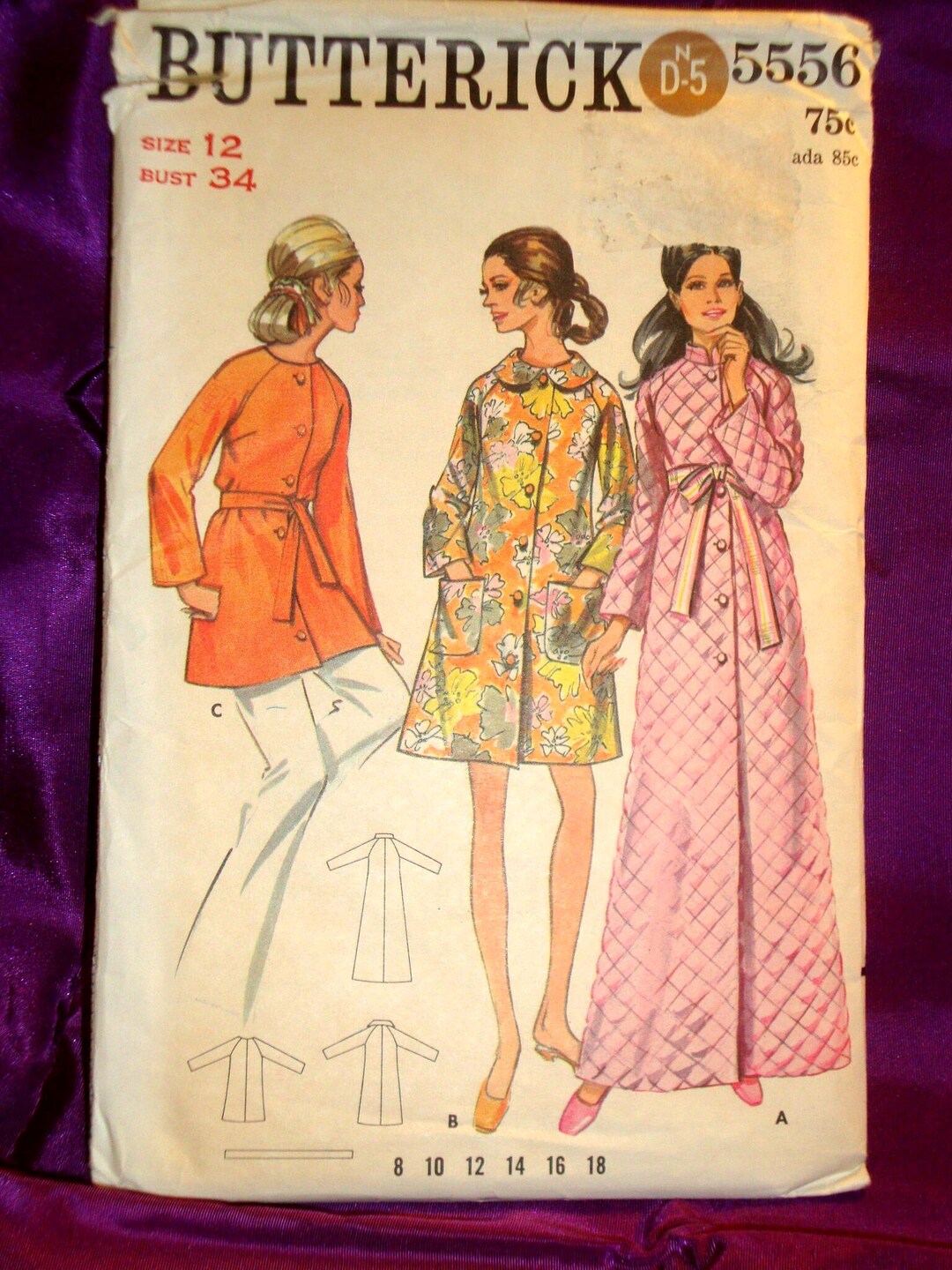 60s Bust 34 Mod Front Button Robe 3 Neck Views Opt Pockets Long Raglan ...