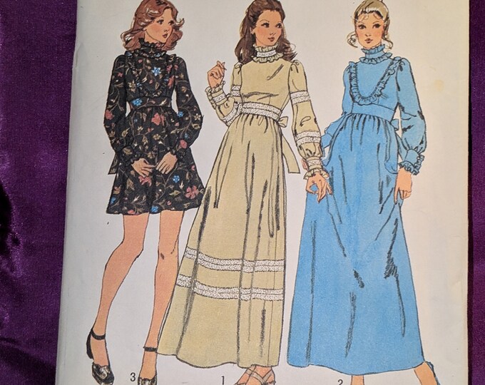 70s Dress 2 Lngths High Collar Inset Front Midriff Attach Back Tie Ends ...