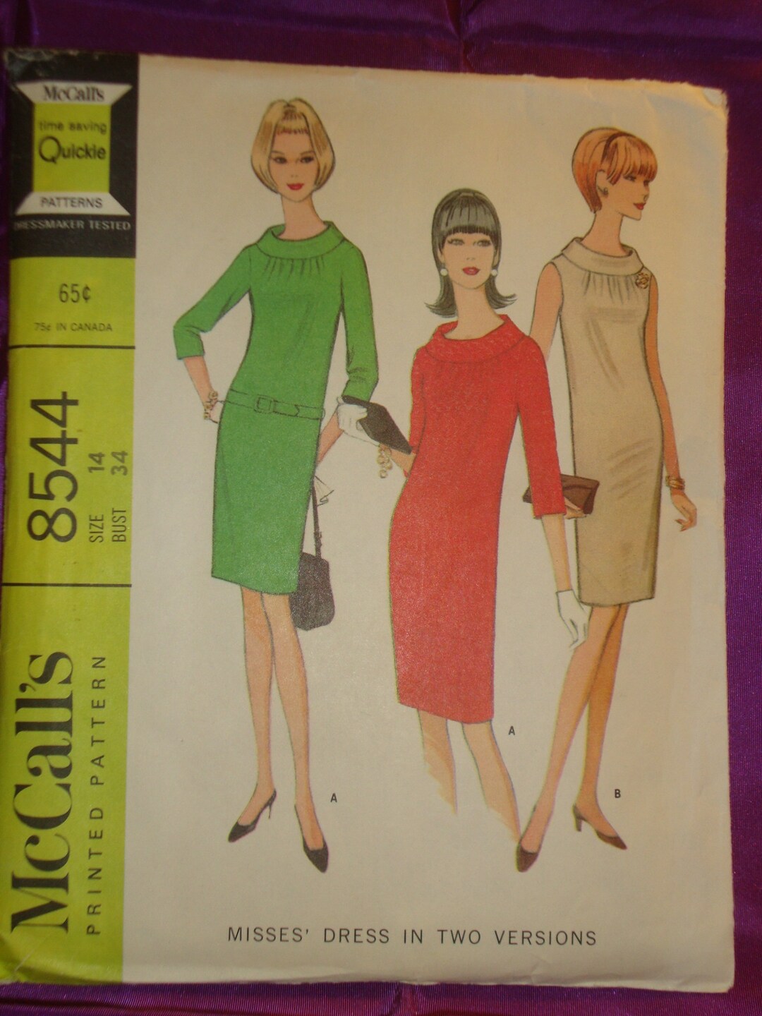 60s Easy Slim Fit Skimmer Dress Gathered at Front Roll Collar Three ...