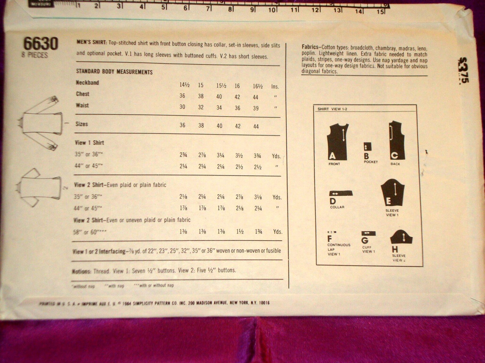 80s Chest 38 Mens Shirt Front Button Forward Shoulder Seams Notch ...
