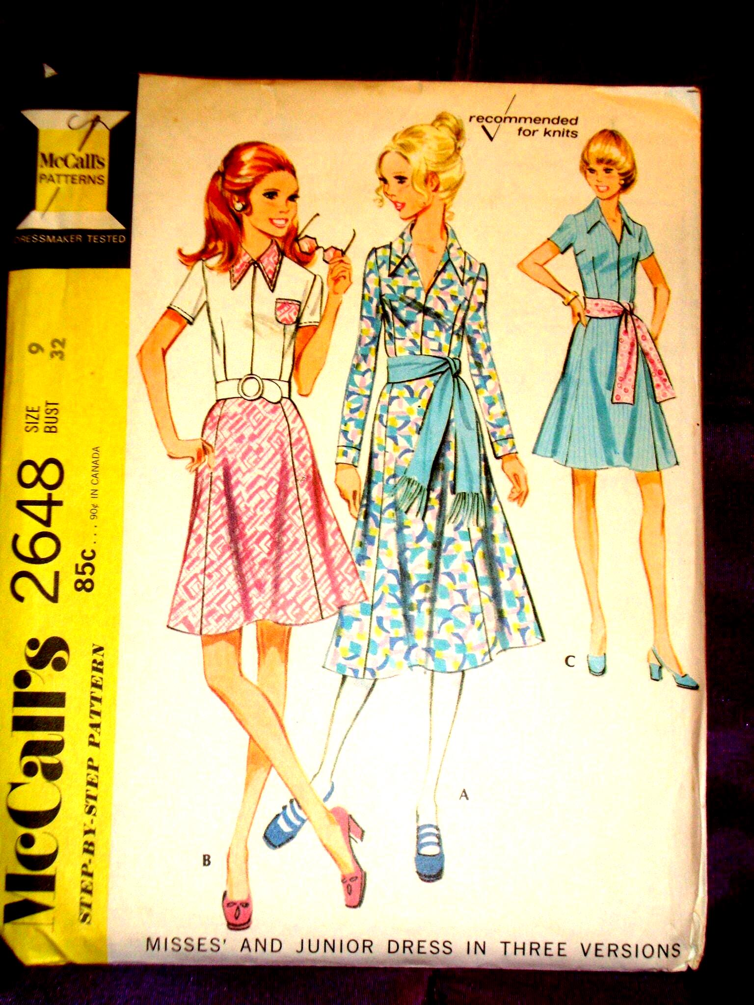 70s Junior Size 9 Dress 2 Lngths Fitted Bodice V Neck Collar Optional ...
