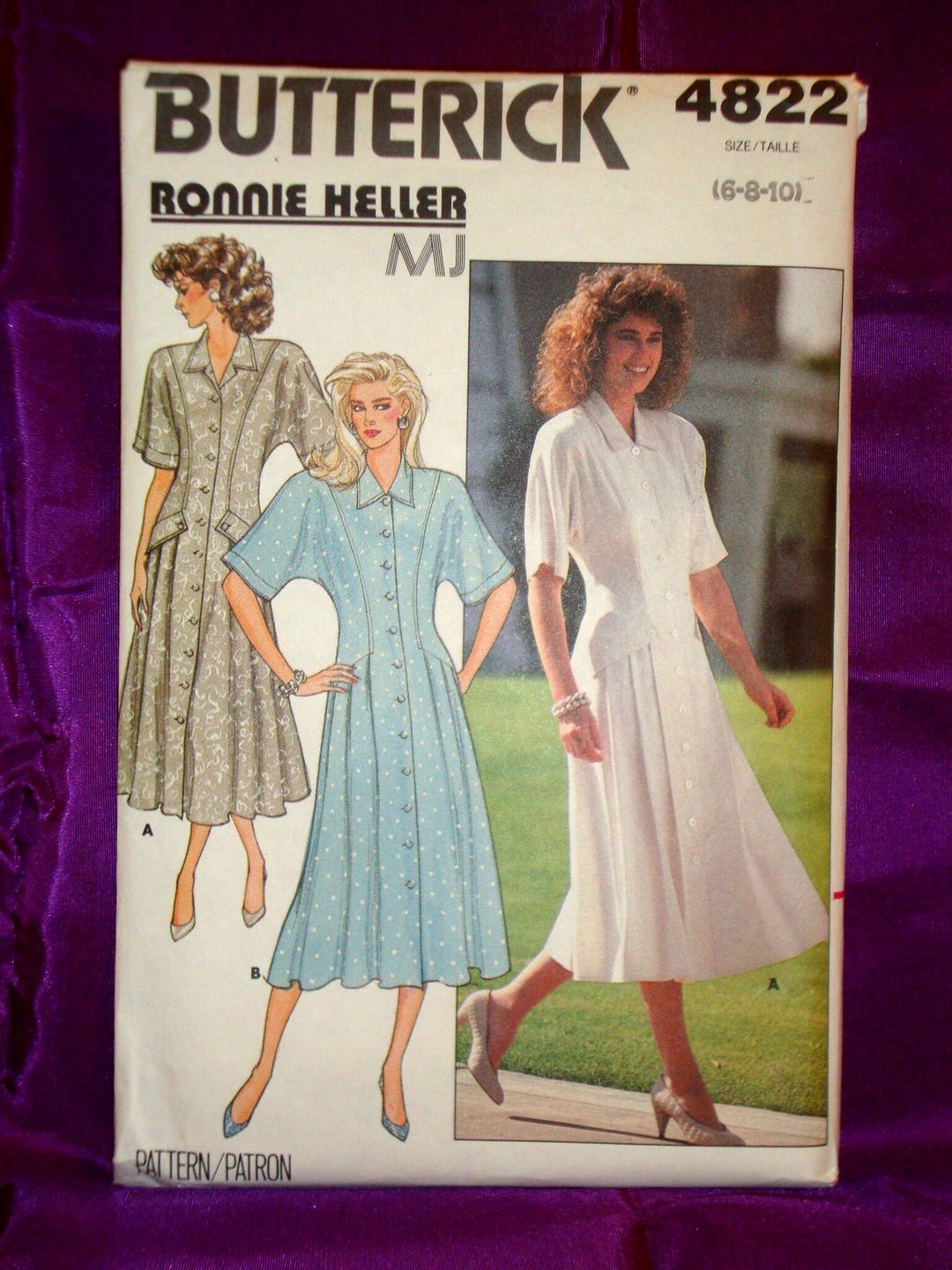 80s Ronnie Heller MJ Front Button Dress Mid or Lower Calf Short Kimono Sleeves Front Pleated ...