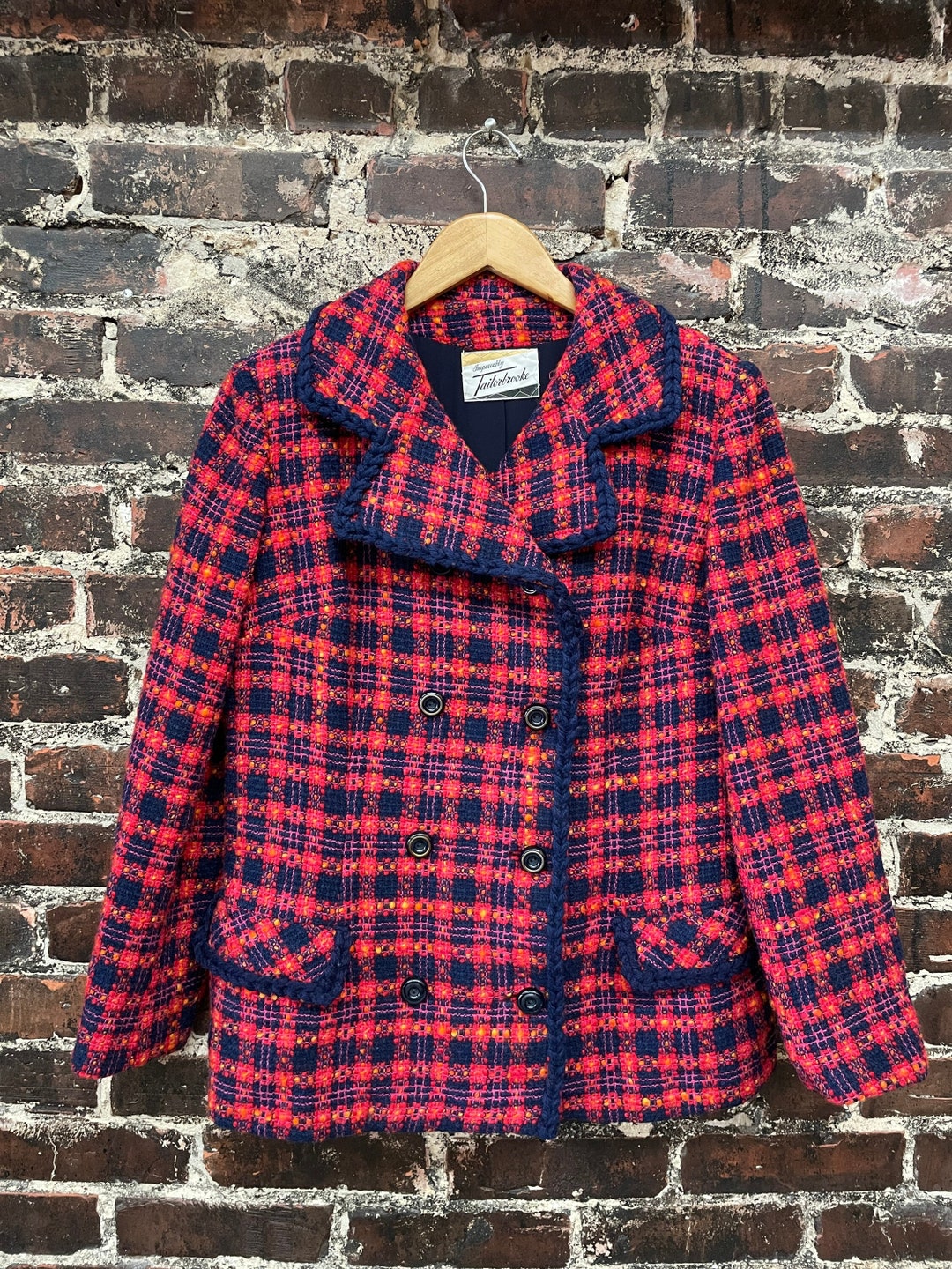 1960s Pink Plaid Tweed Jacket. Double Breasted Wool Boucle Blazer. Navy ...