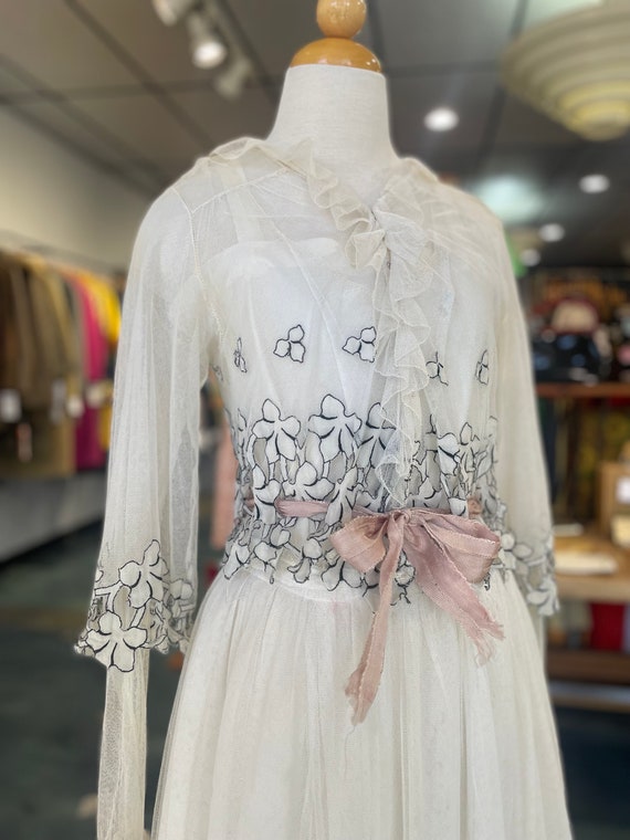 1910s Net Lace Dress with Flower and Ribbon Trim. Lay… - Gem