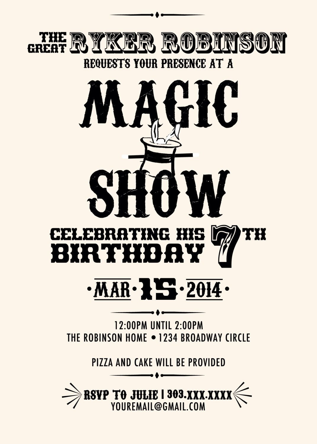 Magic Show Magician Birthday Party Invitation (color or BW) 5x7 Digital ...