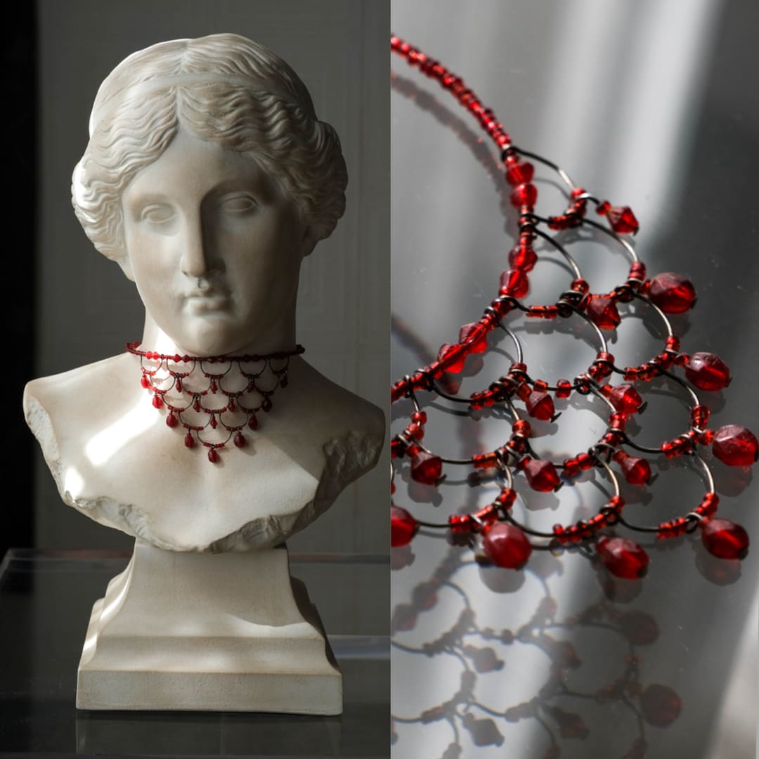 Vintage 90s Hand Beaded Choker Necklace W/ Garnet Red Beads Costume ...