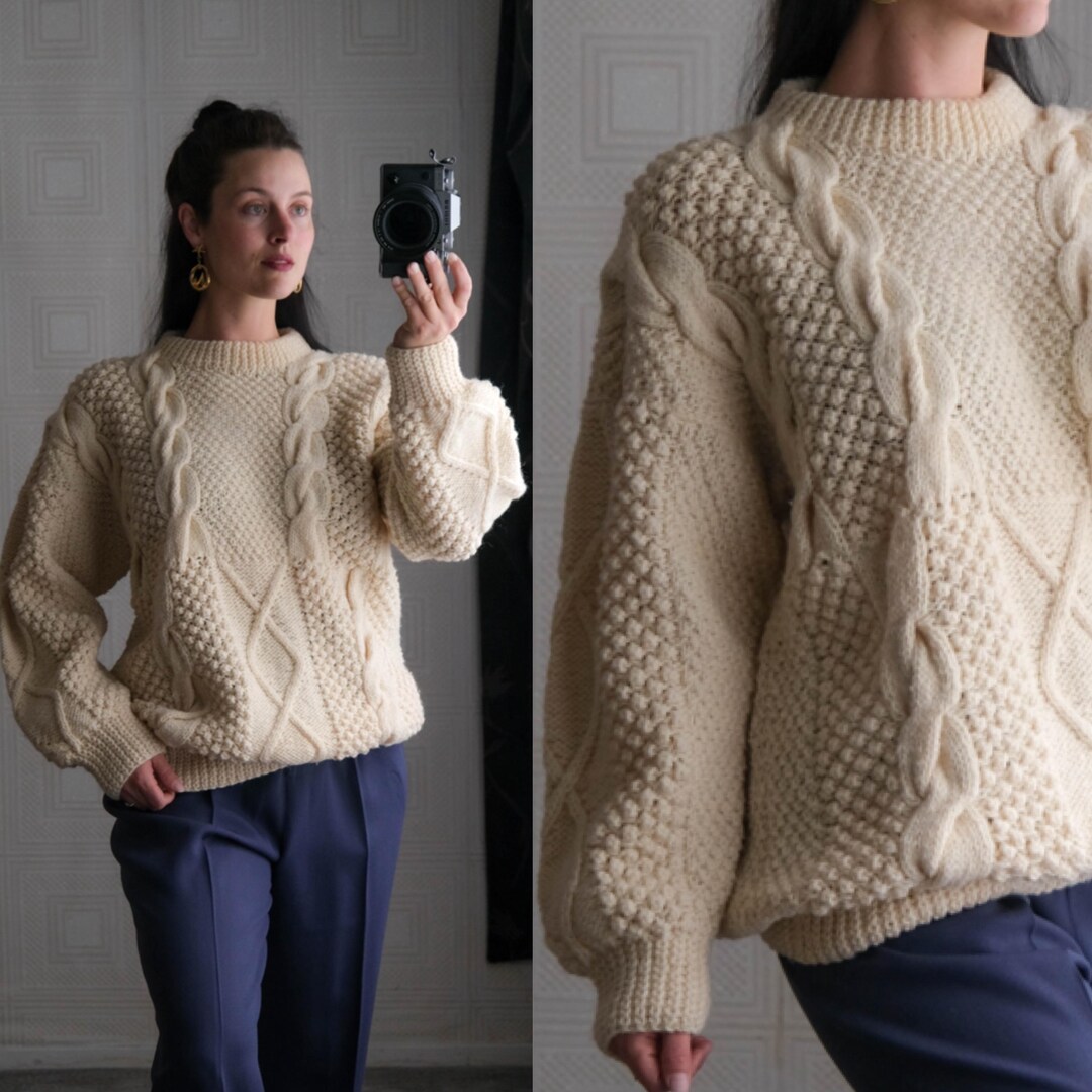 Vintage 80s ATHENA DESIGNS Cream Irish Handknit Chunky Cable Knit ...