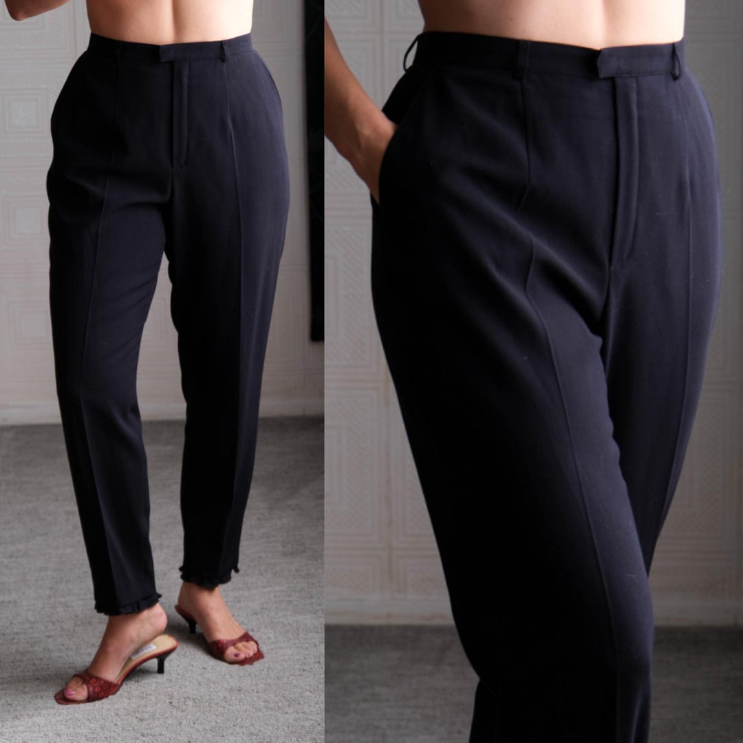 Vintage 90s ESCADA Black Gabardine Relaxed Tapered Pants W/ Ruffled ...
