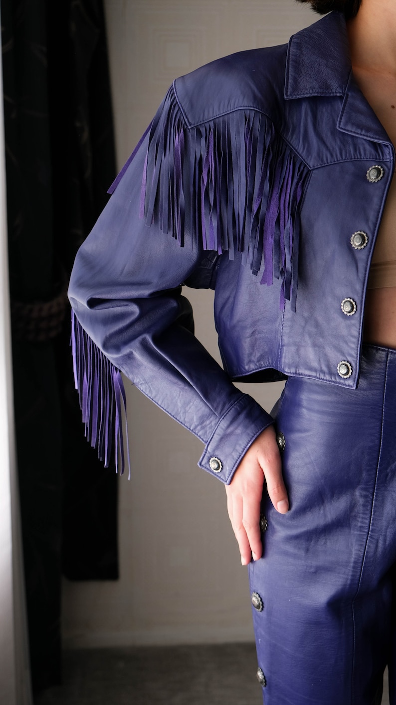 Vintage 80s MICHAEL HOBAN Purple Genuine Leather Cropped Western Fringe ...