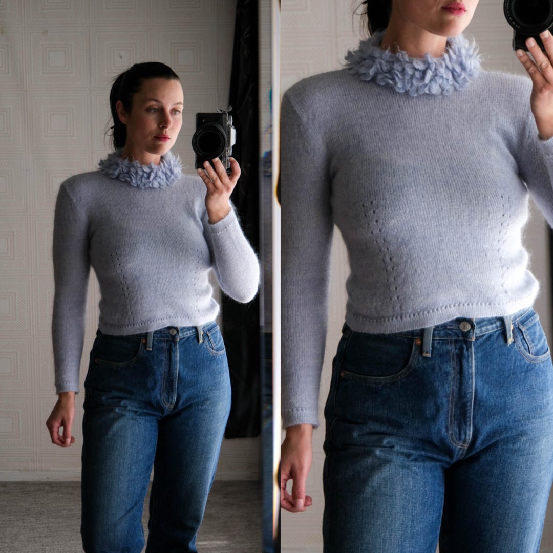 Vintage 90s JACQUES FATH PARIS Periwinkle Mohair Knit Cropped Sweater W ...