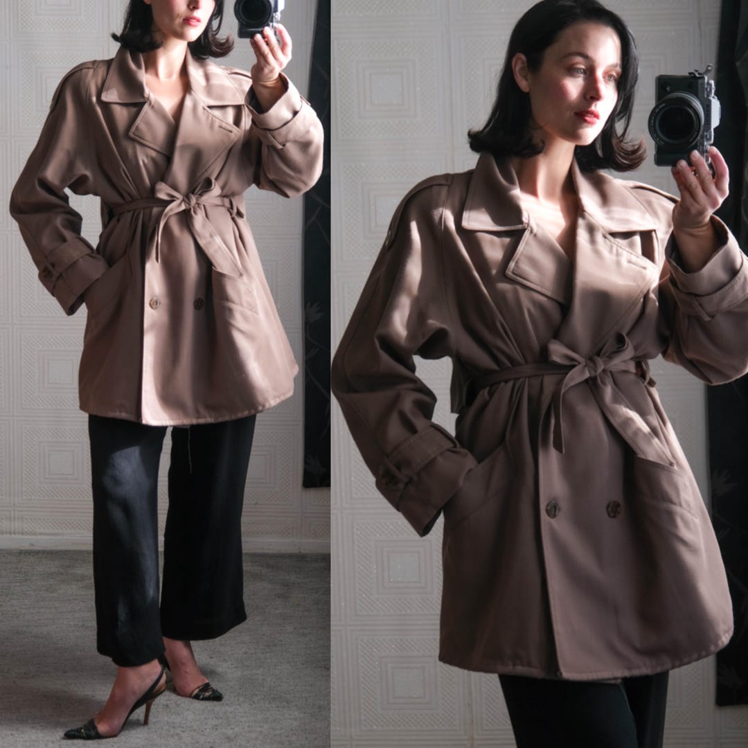 Vintage 80s GANTOS Khaki Drop Shoulder Crop Belted Double Breasted ...