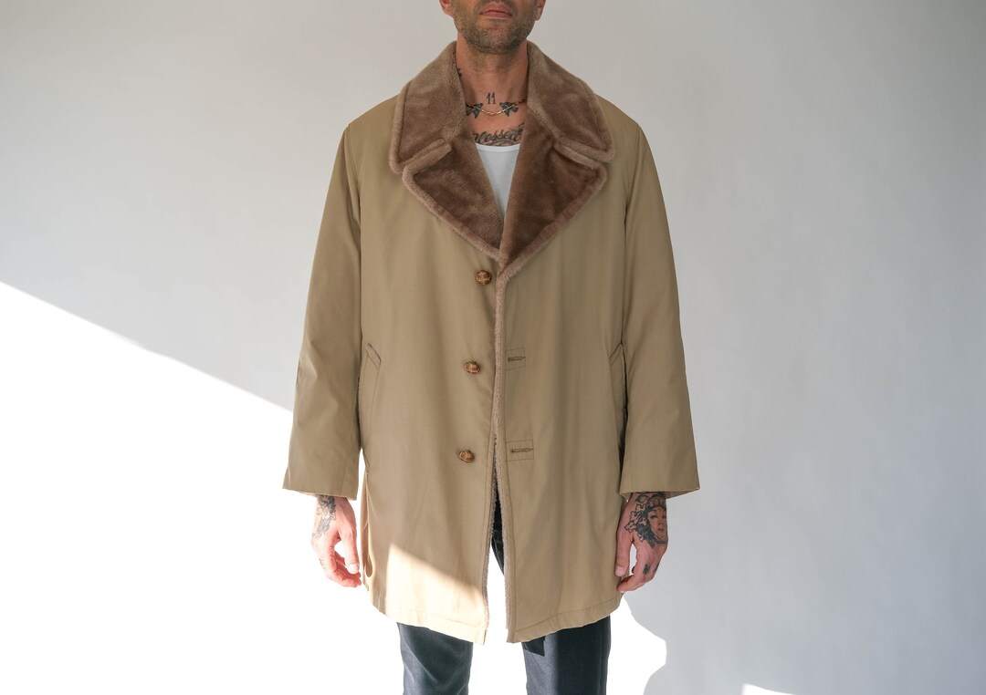 Vintage 70s Mighty Mac Tan Gabardine Winter Jacket W/ Faux Fur Lapel ...