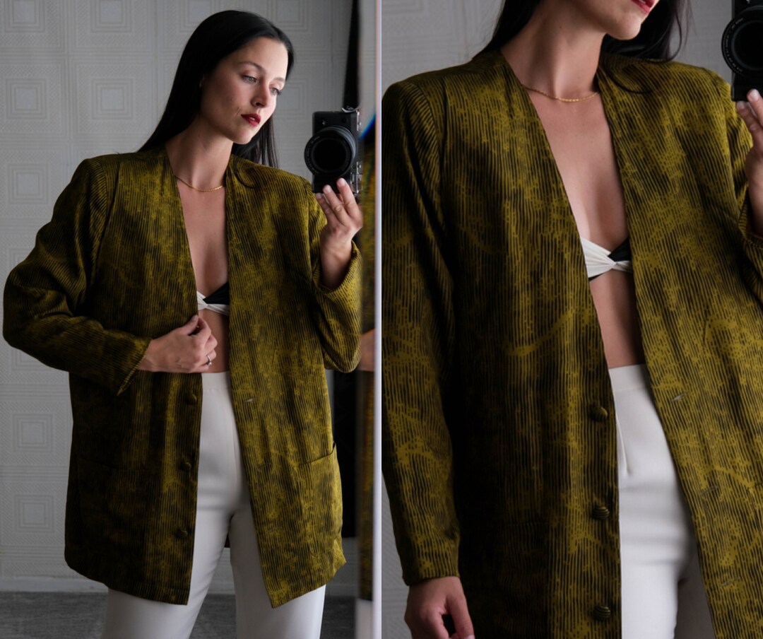 Vintage 80s Flora Kung Olive Green & Black Digi Stripe Print Boxy Fit ...