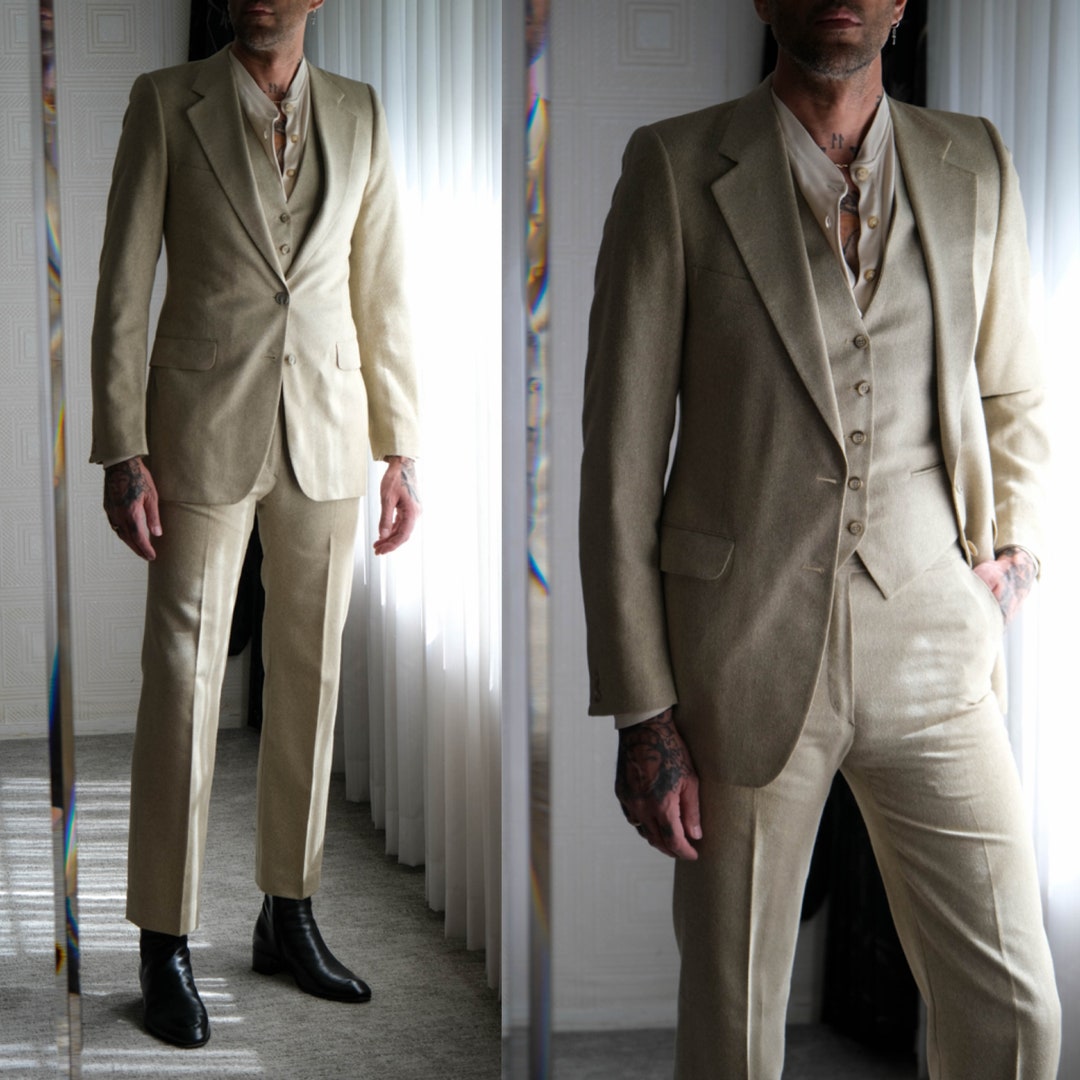 Vintage 70s Yves Saint Laurent Sandy Tan Silk Blend Three Piece Flare ...