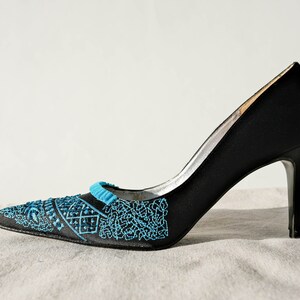 Vintage 90s Red by Ramon Tenza Black Satin Stiletto Heels W/ Turquoise ...