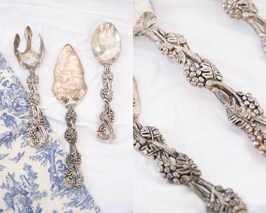 Vintage Silver Serving Set W/ Ornate Grapevine Handles | 3 Piece Set ...