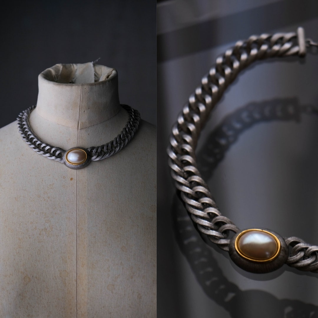 Vintage 80s MONET Matte Silver Chunky Choker Necklace W/ Gold Framed ...
