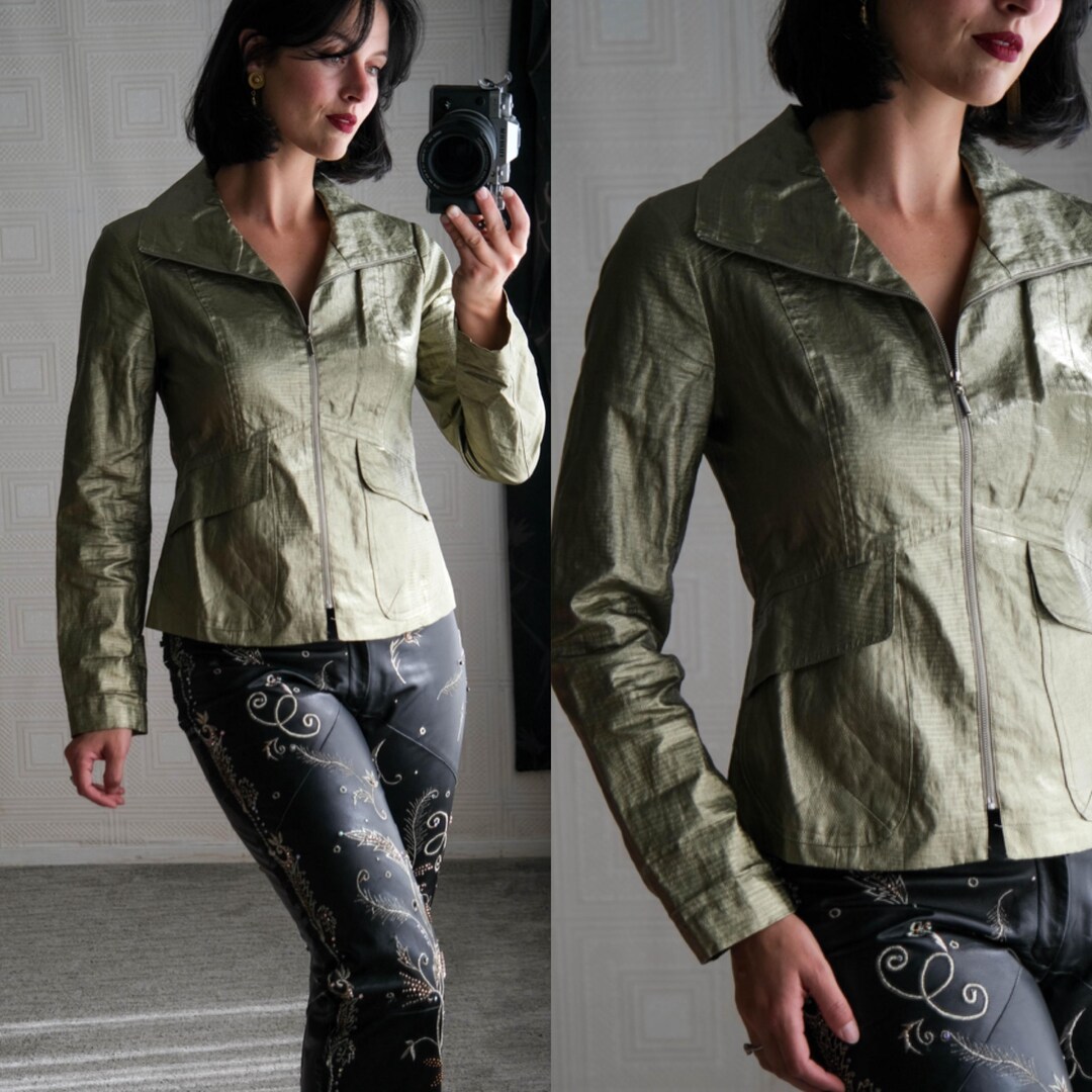 Vintage 90s Elliott Lauren Linen Blend Mock Textured Leather Jacket W ...