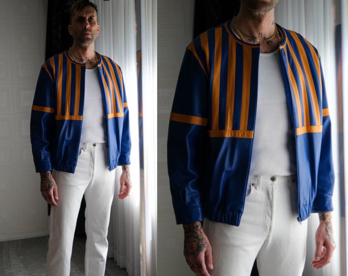 Vintage 80s H&H LEATHER Royal Blue and Gold Colorblock Leather Bomber ...